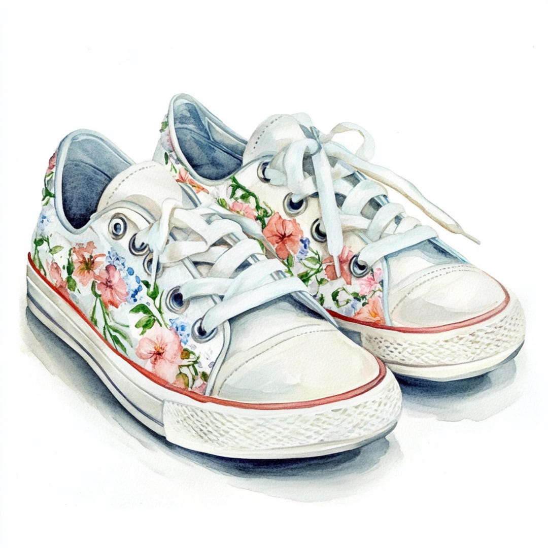 10 Printable Wedding Sneakers, White Floral Wedding Shoes, Watercolor ...