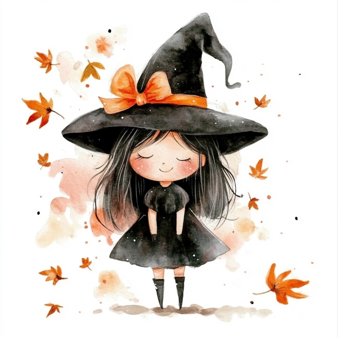 10 Printable Witch, Beautiful Little Witch, Halloween Witch, Watercolor ...