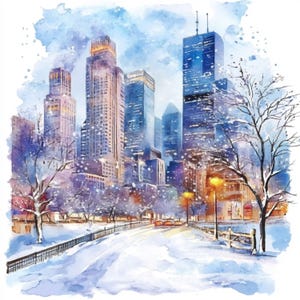 10 Winter Big City Landscape, Watercolor Art, Christmas Decor ...