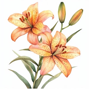 10 Printable Tiger Lily Flowers, Watercolor Lily, Botanical Lily Art ...