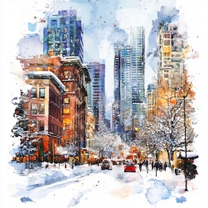 10 Winter Big City Landscape, Watercolor Art, Christmas Decor ...