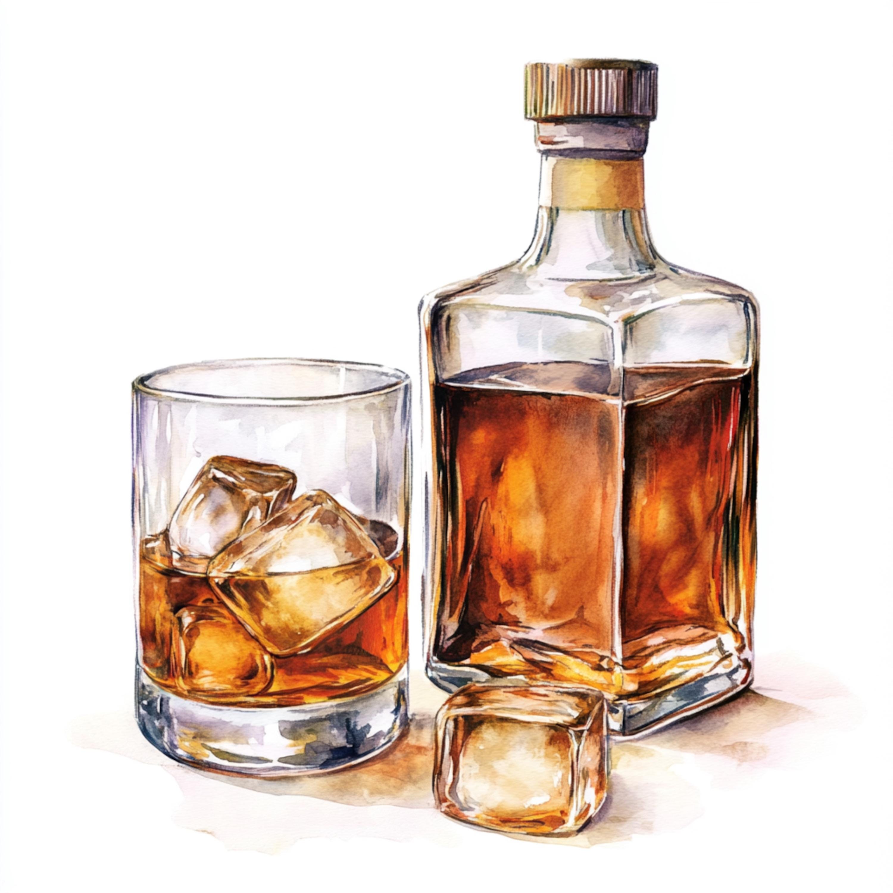 Printable Whisky Art, Watercolor Images, Whiskey Bottle and Glass Art ...