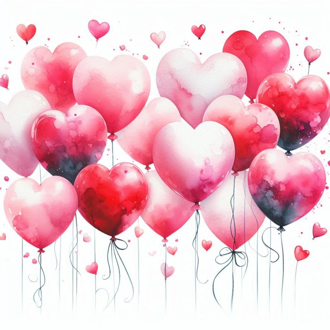 10 Printable Pink Heart Balloons, Watercolor Valentines Day Party ...