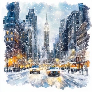 10 Winter Big City Landscape, Watercolor Art, Christmas Decor ...