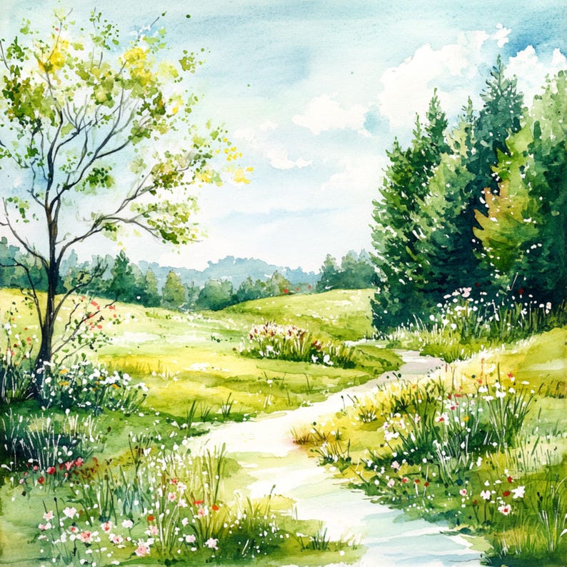 10 Printable Spring Landscape Art, Watercolor Landscape Art, River ...