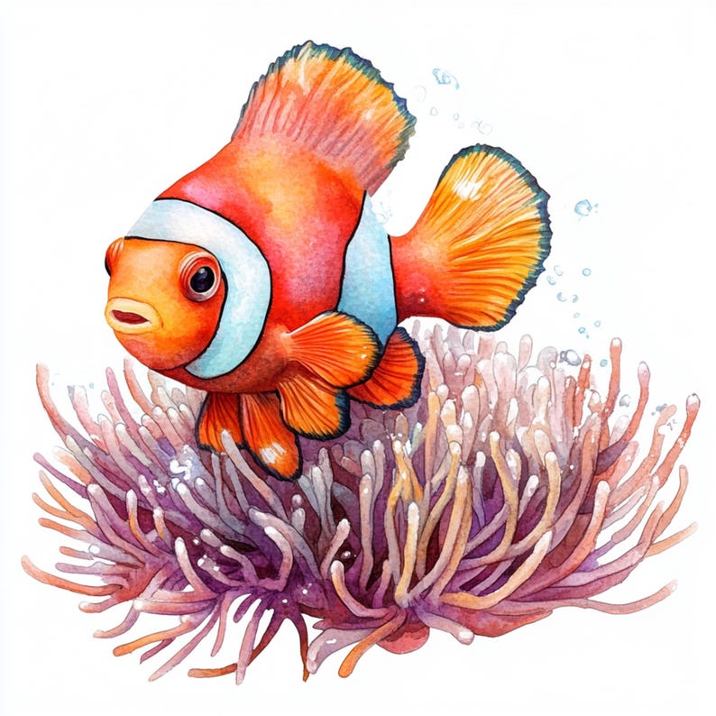 10 Printable Clownfish Clipart, Clownfish Watercolor, Nautical Print ...