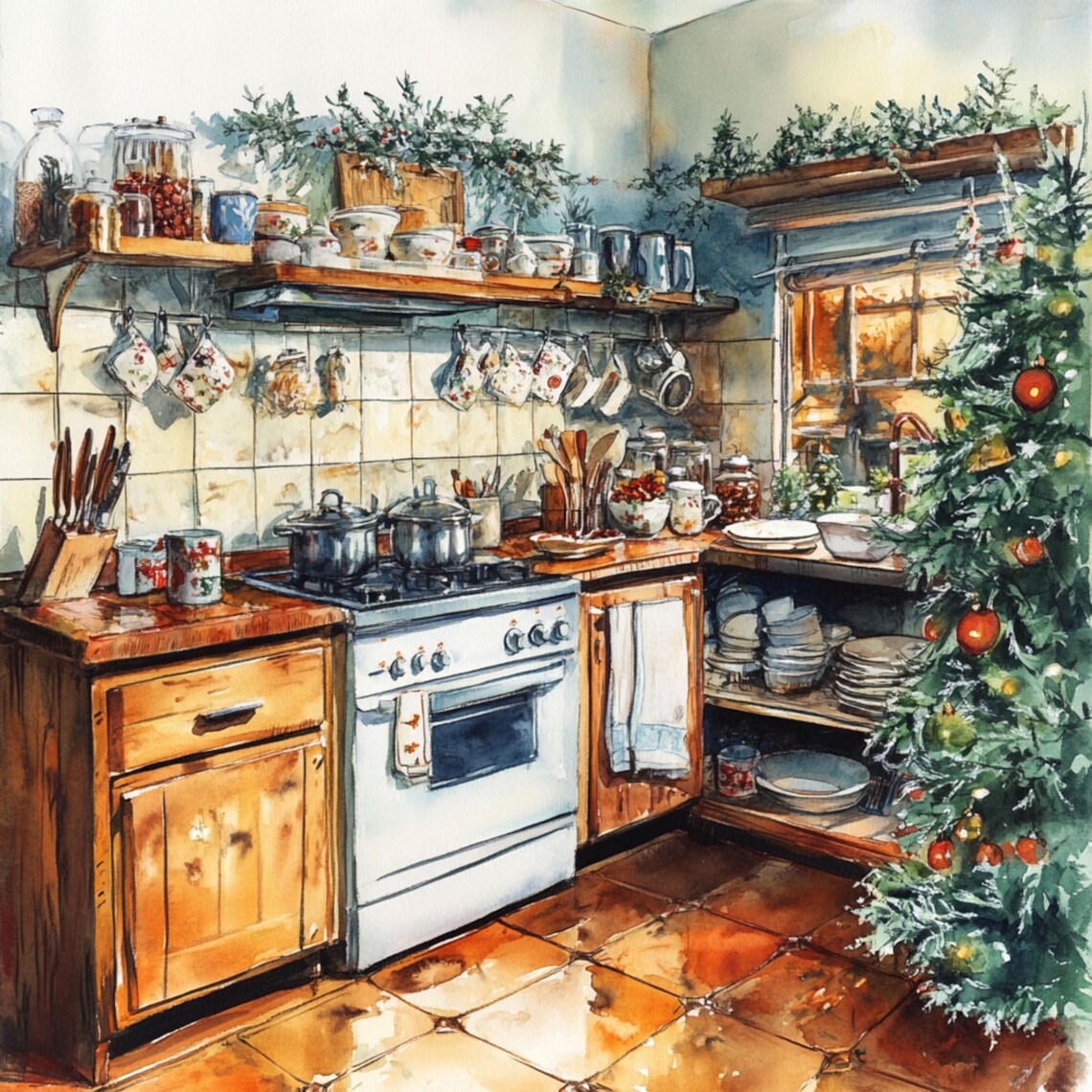 Printable Christmas Kitchen, Watercolor Art, Christmas Decor, 10 Clip ...