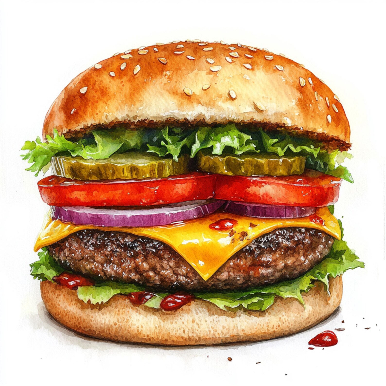 10 Printable Cheeseburger Art, Watercolor Cheeseburger Decor, Tasty ...