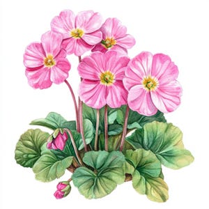 Printable Pink Primula Art, Watercolor Images, Primrose Botanical Art ...