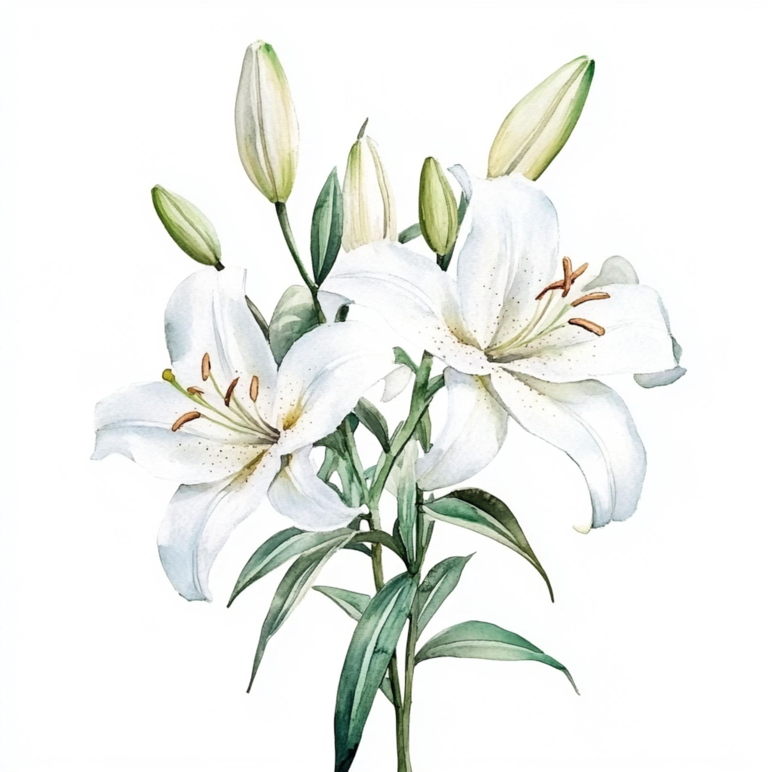 10 Printable White Lily Flowers, Watercolor Lily, Botanical Lily Art ...