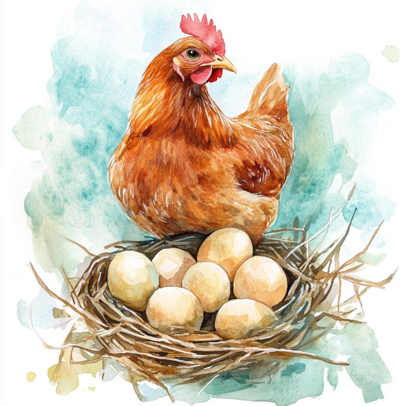 Printable Hen in Nest Clipart, Watercolor Art, 10 Clipart, Printable ...