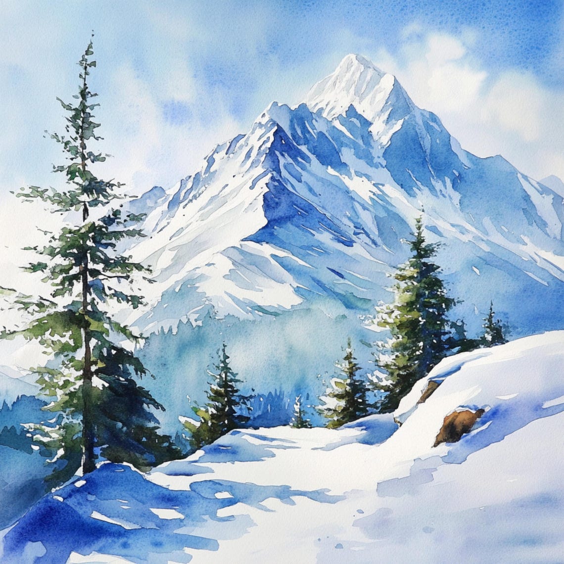 Winter Mountains Landscape, Watercolor Snowy Mountain, Christmas ...