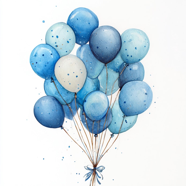 12 Printable Blue Balloons, Watercolor Party, Celebration Decor, Blue ...