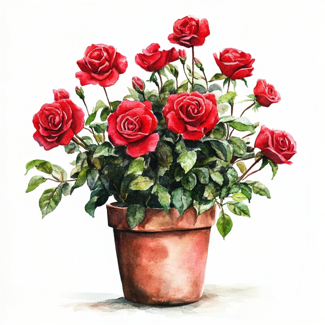 10 Printable Red Rose Arts, Watercolor Rose in Pot, Roses Bush ...