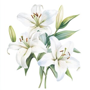 10 Printable White Lily Flowers, Watercolor Lily, Botanical Lily Art ...