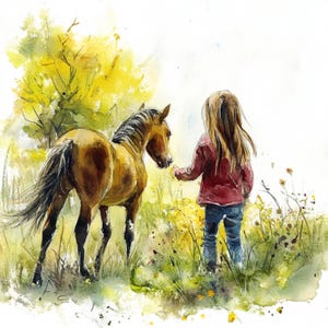 Printable Little Girl and Horse, Watercolor Girl and Ponny Art ...