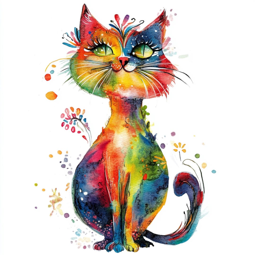 10 Printable Whimsical Cats, Watercolor Funny Cats, Very Funny Cats ...