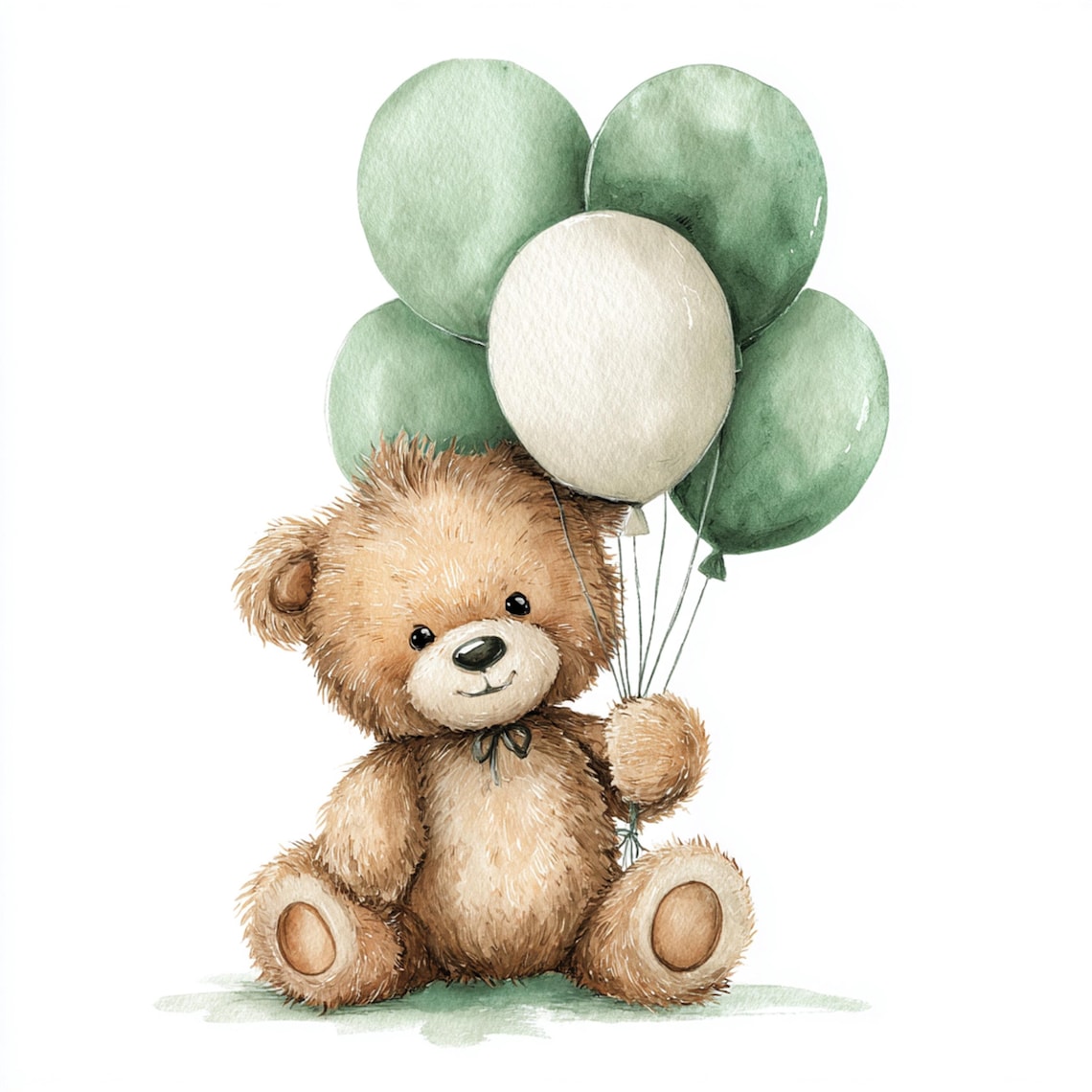 13 Printable Green Teddy Bear Clipart, Watercolor Balloons Bundle, Sage ...
