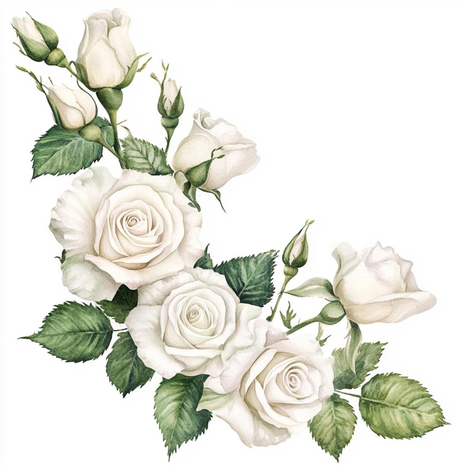 10 Printable Roses Corner, Watercolor White Roses, Rose Clip Art ...