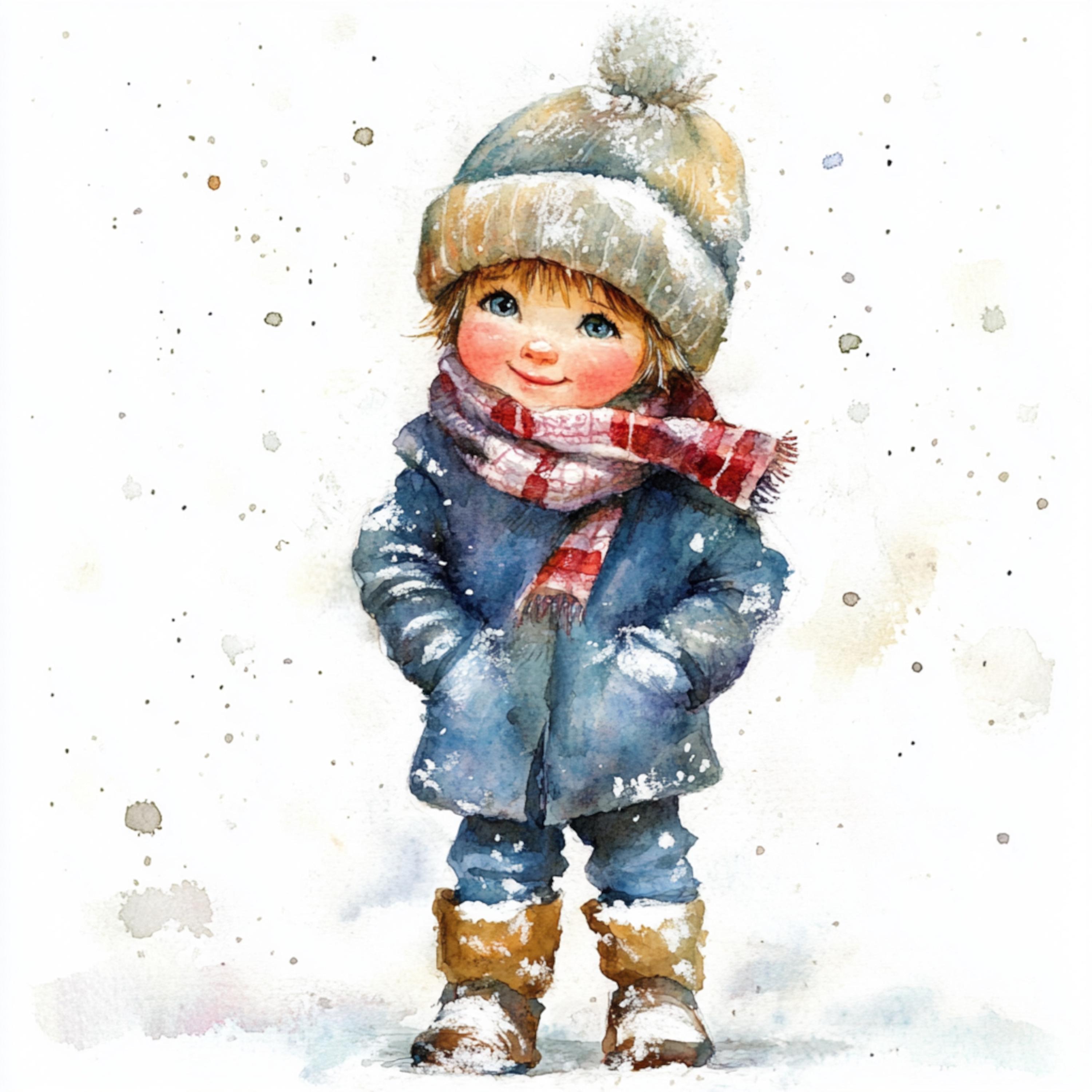 Printable Little Boy in Winter, Watercolor Boy Art, Watercolor Clip Art ...