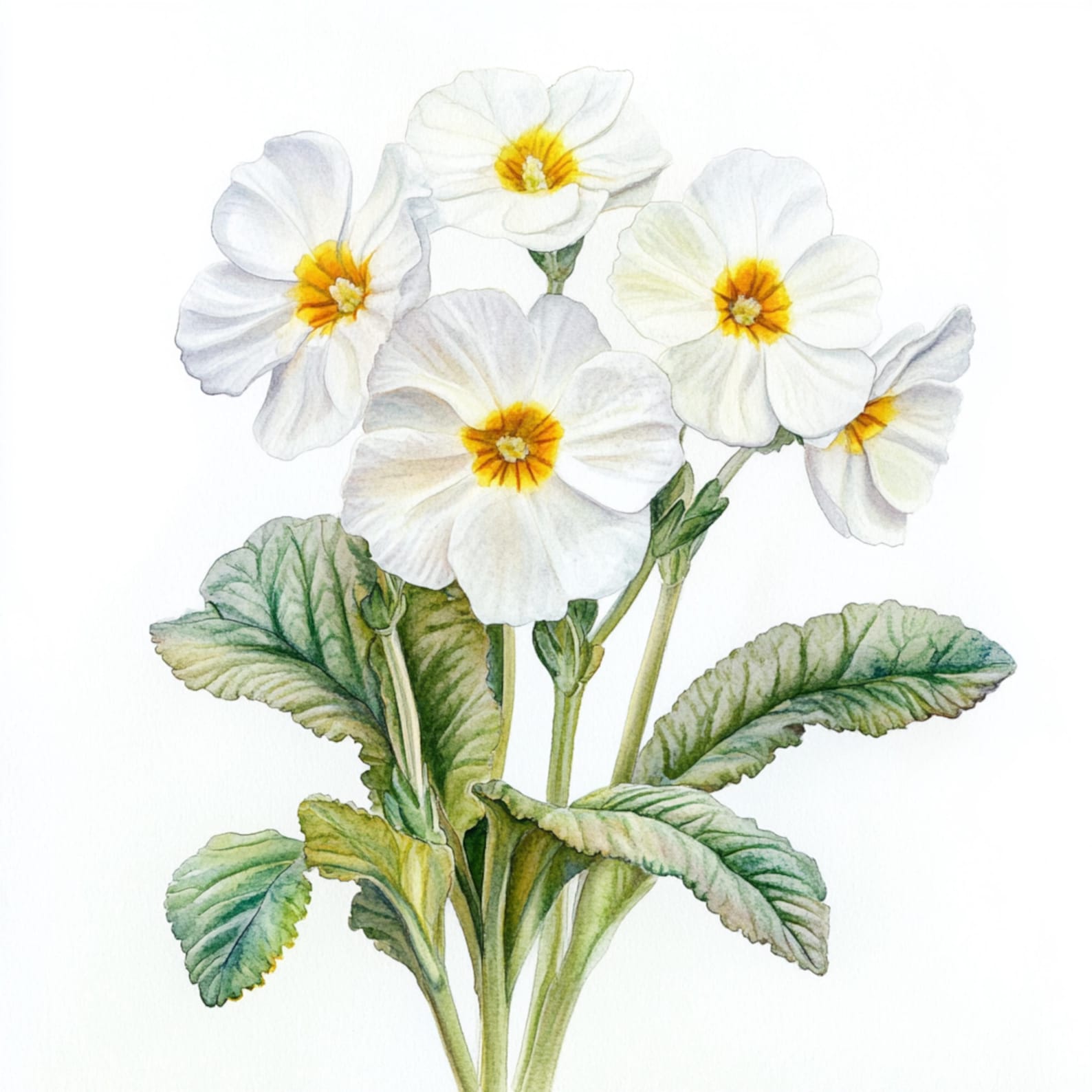 Printable White Primula Art, Watercolor Images, Primrose Botanical Art ...