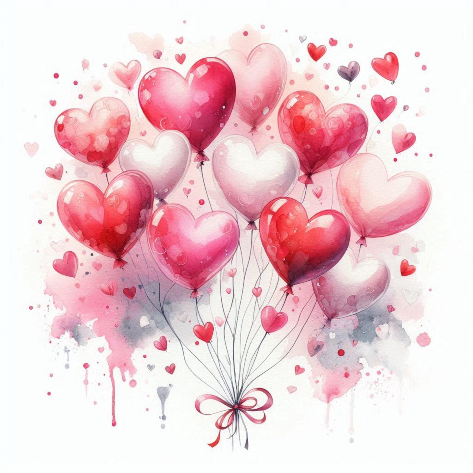10 Printable Pink Heart Balloons, Watercolor Valentines Day Party ...