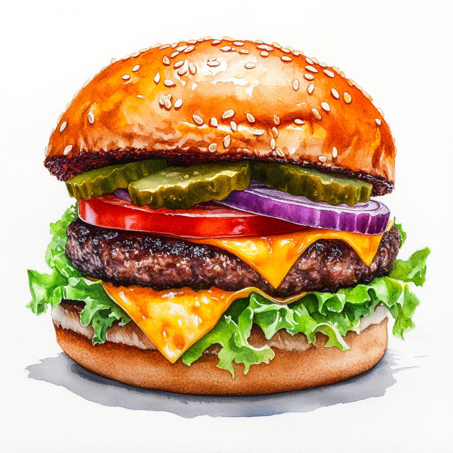 10 Printable Cheeseburger Art, Watercolor Cheeseburger Decor, Tasty ...