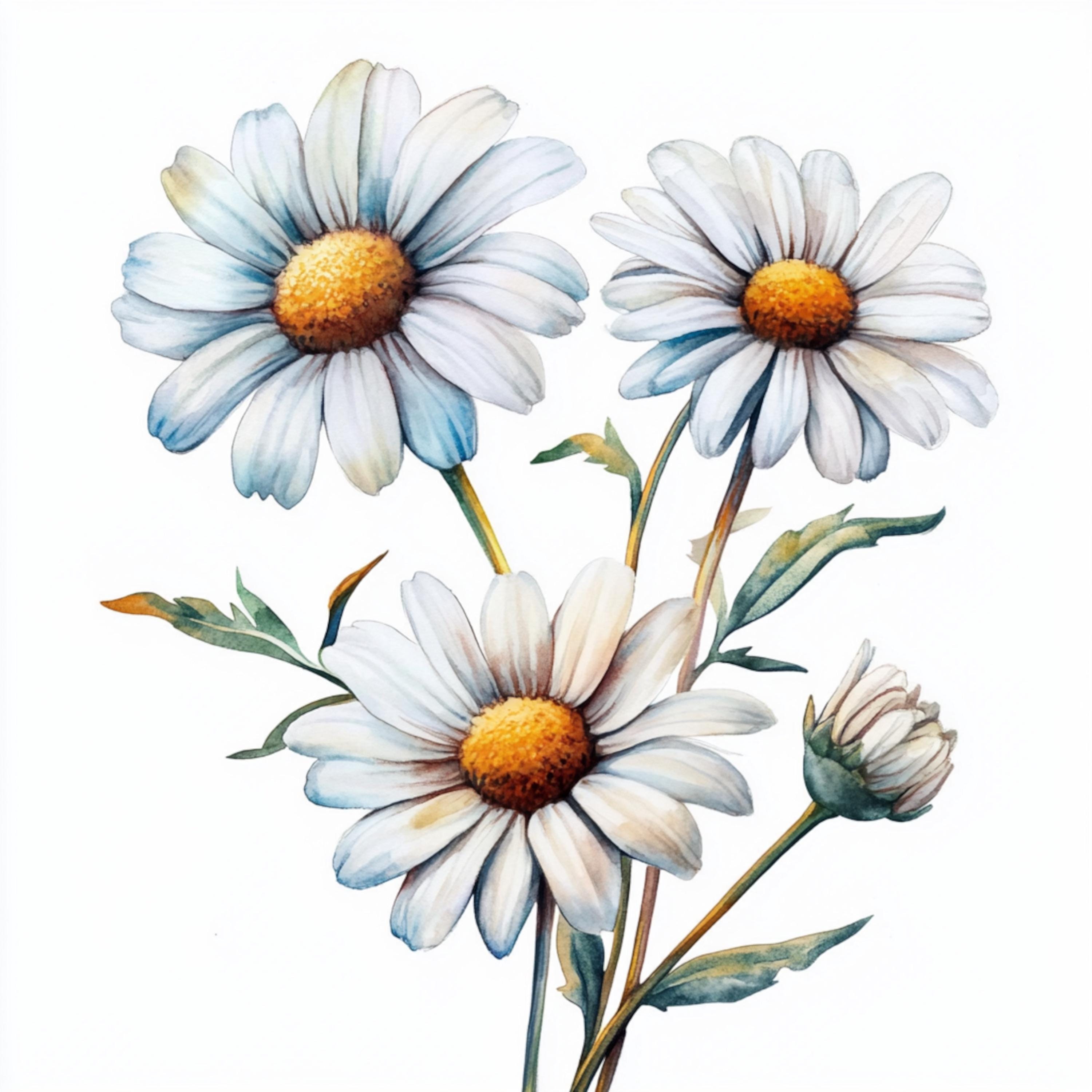 10 Printable White Daisies Flowers, Watercolor Daisy, Botanical Daisies ...