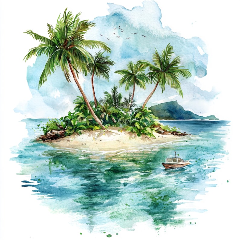 Printable Tropical Island, Watercolor Art, Island Coast Print, 10 Clip ...
