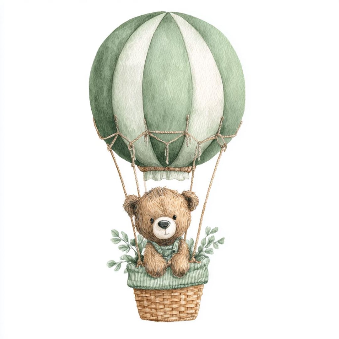 10 Printable Green Teddy Bear Clipart, Watercolor Air Balloon Basket ...
