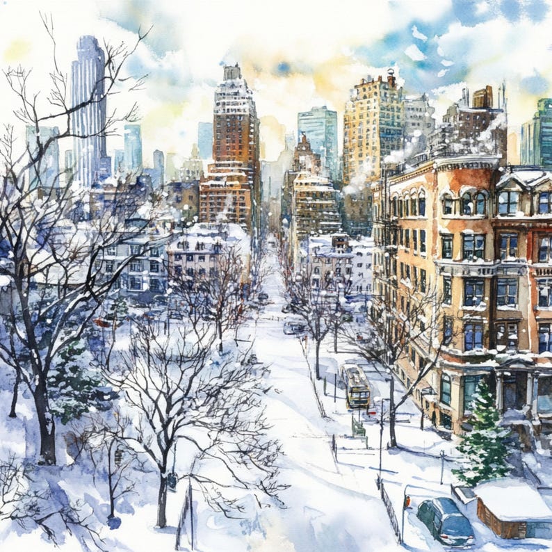 10 Winter Big City Landscape, Watercolor Art, Christmas Decor ...