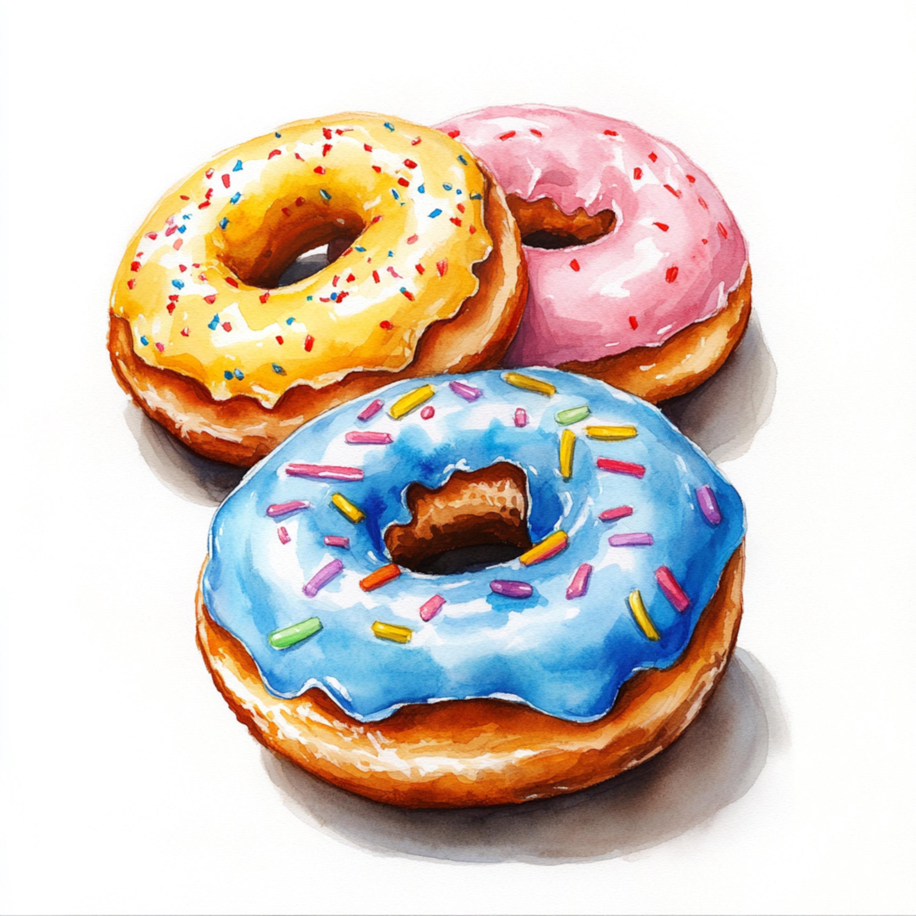 10 Printable Donuts, Watercolor Pink Donuts, Food Art Decor, Colofull ...