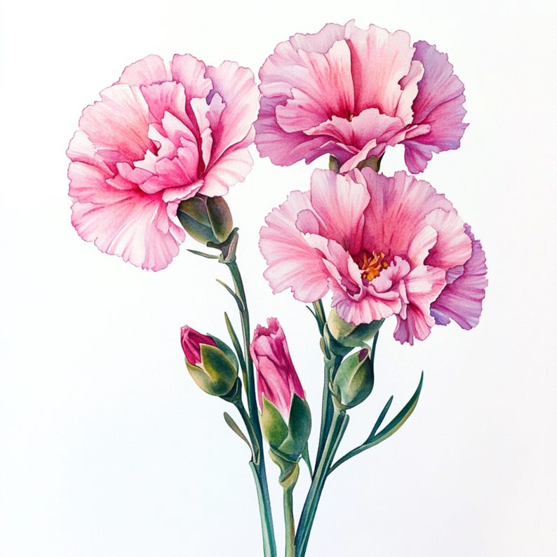 10 Printable Carnations Art, Watercolor Carnations Blossom, Botanical ...