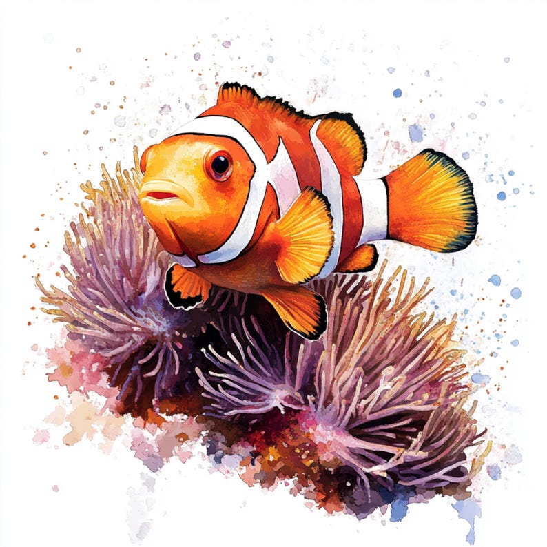 10 Printable Clownfish Clipart, Clownfish Watercolor, Nautical Print ...