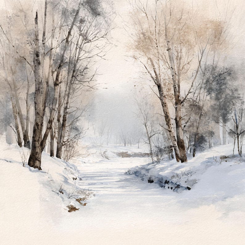 12 Printable Delicate Winter Landscape, Watercolor Art, Textured Winter ...