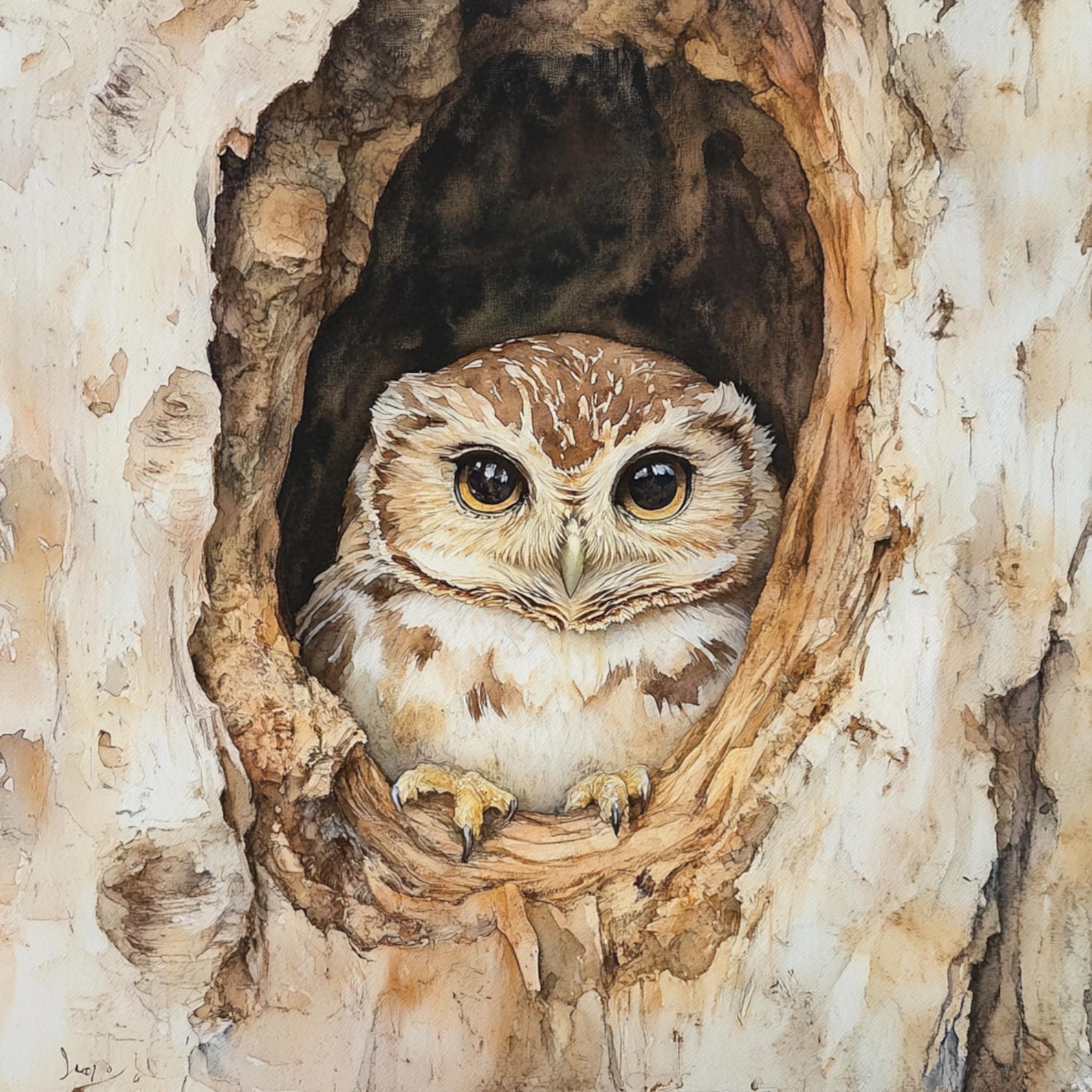 10 Printable Owl in Tree Cavity, Watercolor Owl in Hole, Reealisric Owl ...