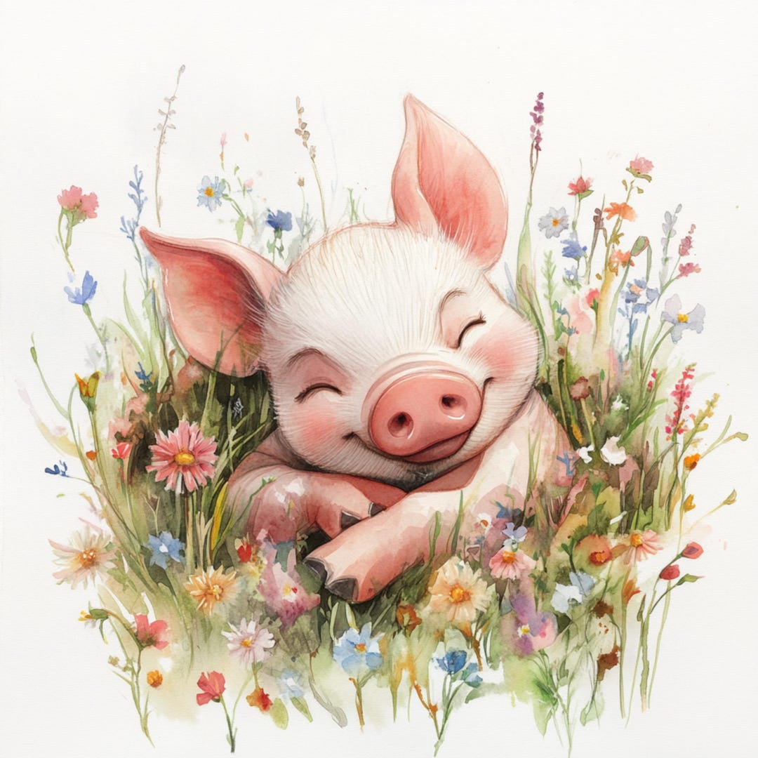 10 Printable Piglet, Watercolor Art, Piglet With Flowers, Spring ...