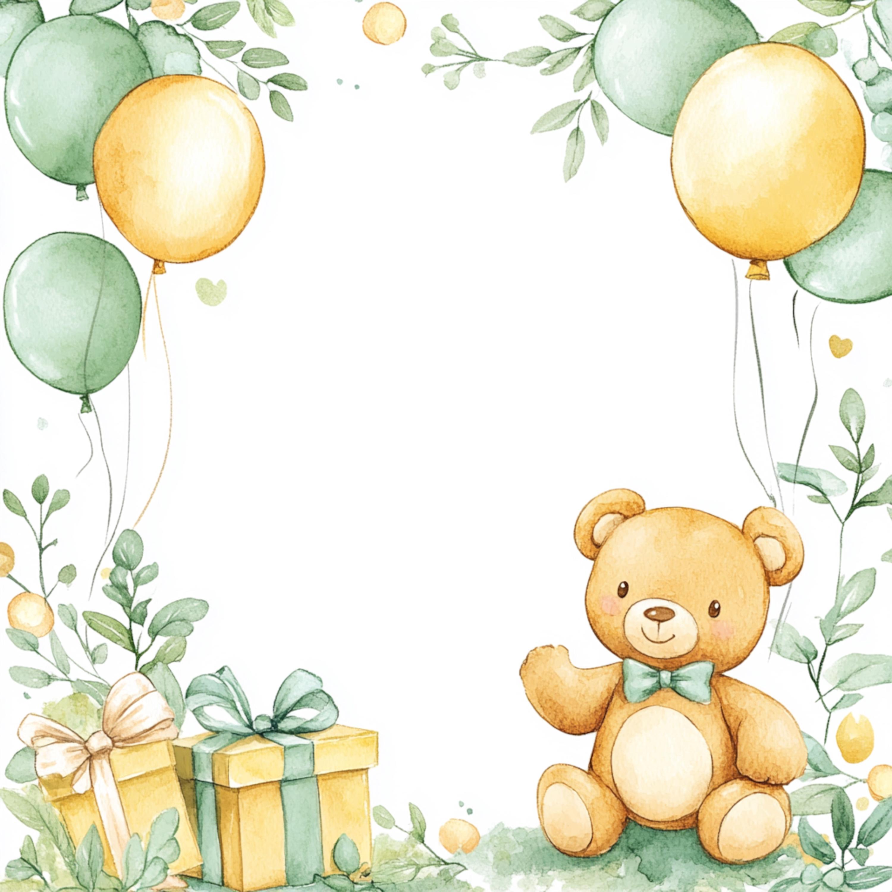 Birthday Frame for Photo Clipart, Watercolor Art, Printable JPG, Teddy ...