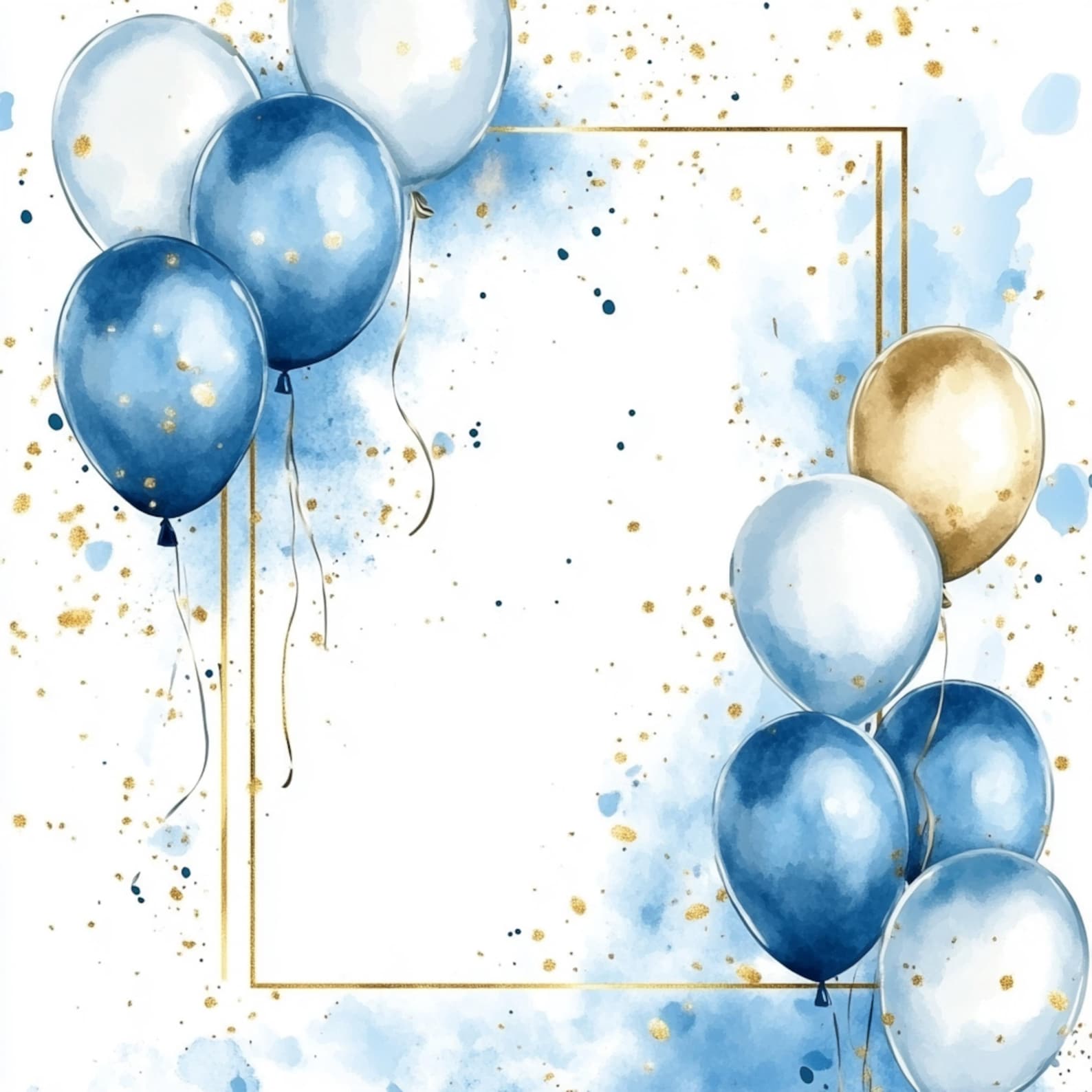 10 Printable Blue White Balloons Frame, Watercolor Party Ballons, Blue ...