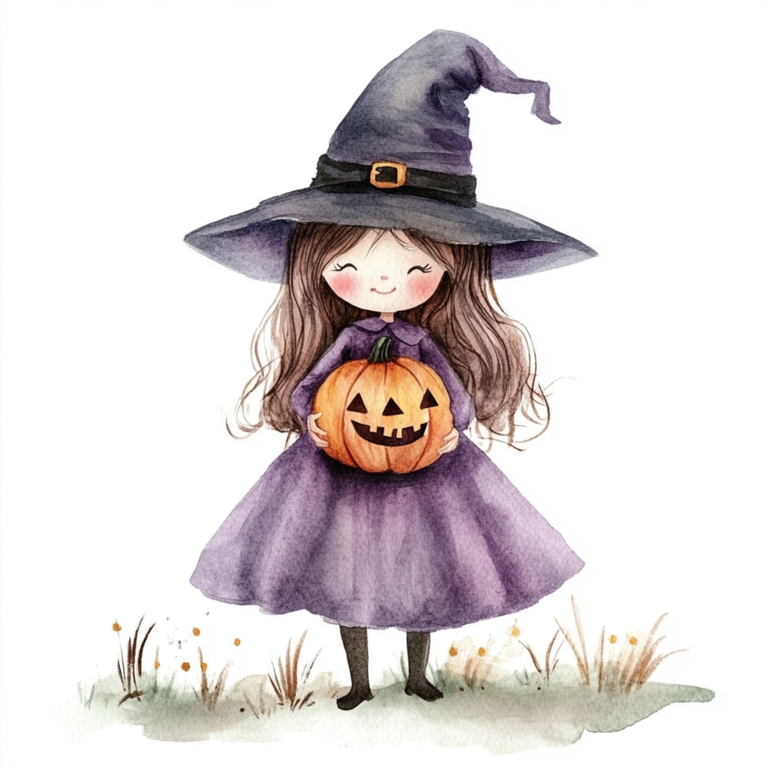 10 Printable Witch, Beautiful Little Witch, Halloween Witch, Watercolor ...