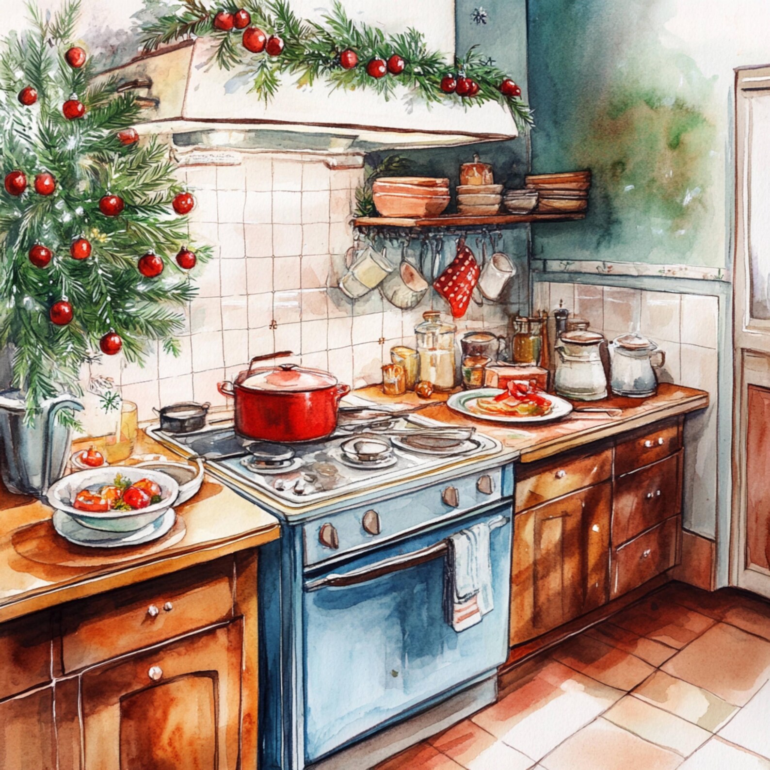 Printable Christmas Kitchen, Watercolor Art, Christmas Decor, 10 Clip ...