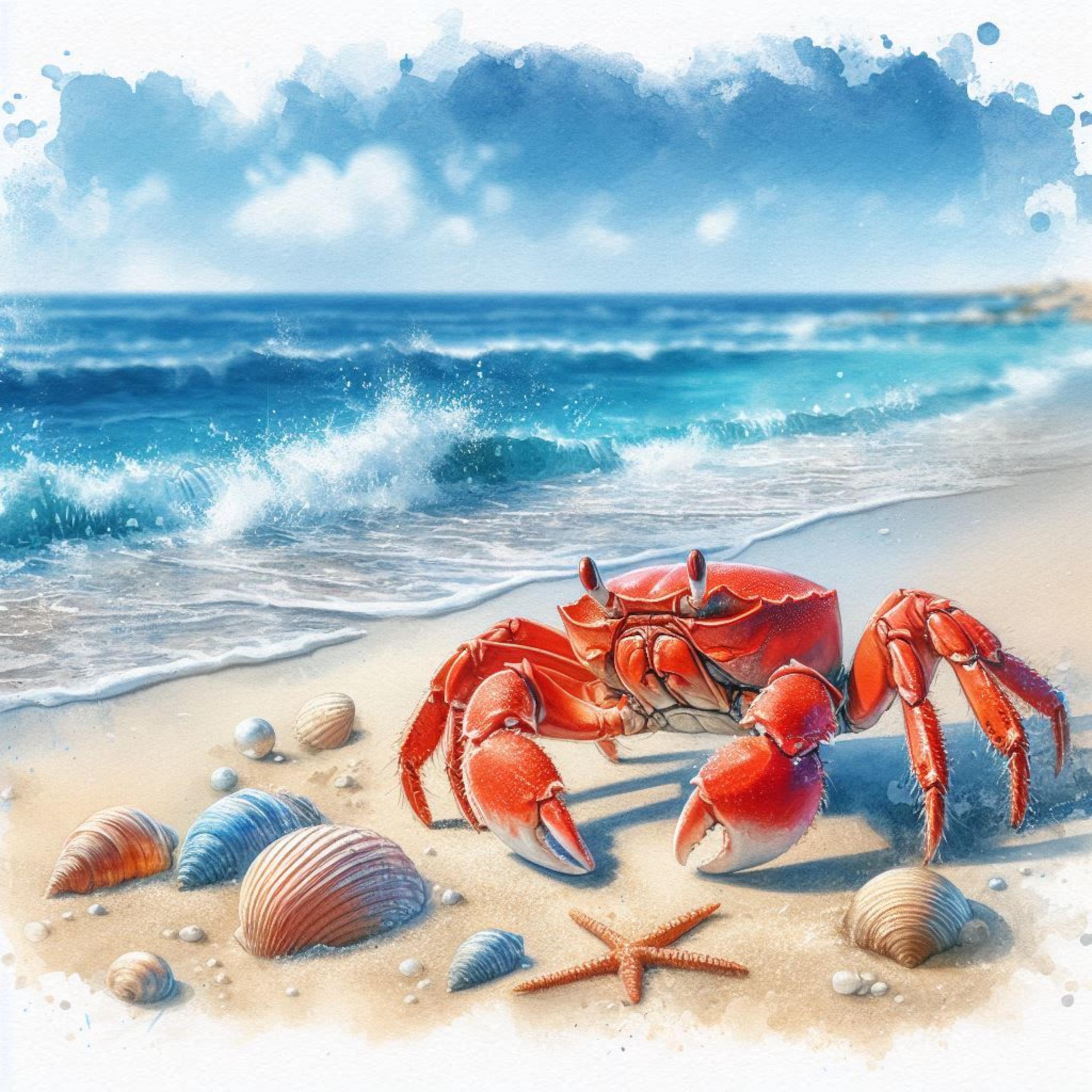 10 Printable Crab on Beach, Crab Watercolor, Nautical Clip Art ...