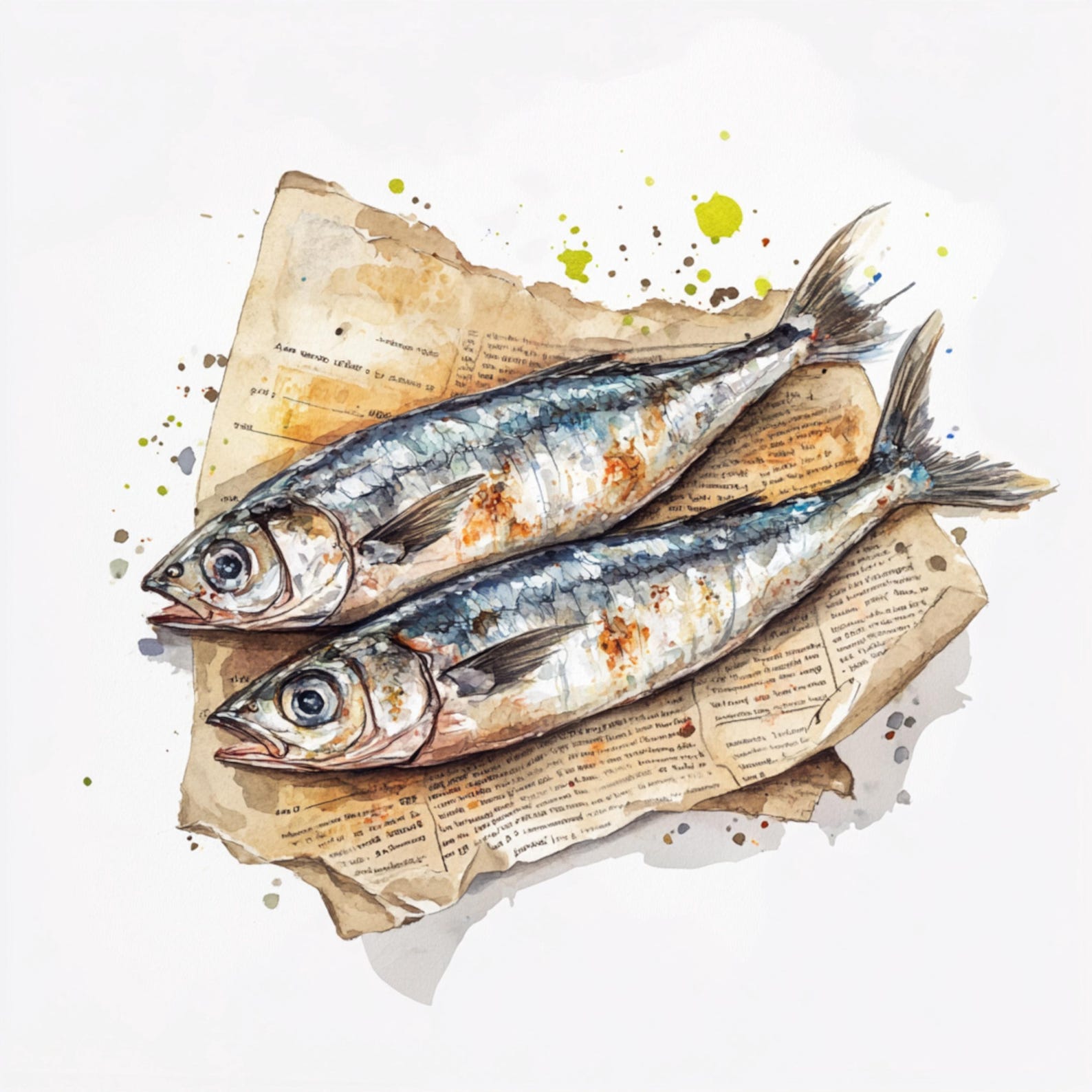 Printable Sardines Art, Watercolor Fish on Newspaper, Sea Food Decor ...