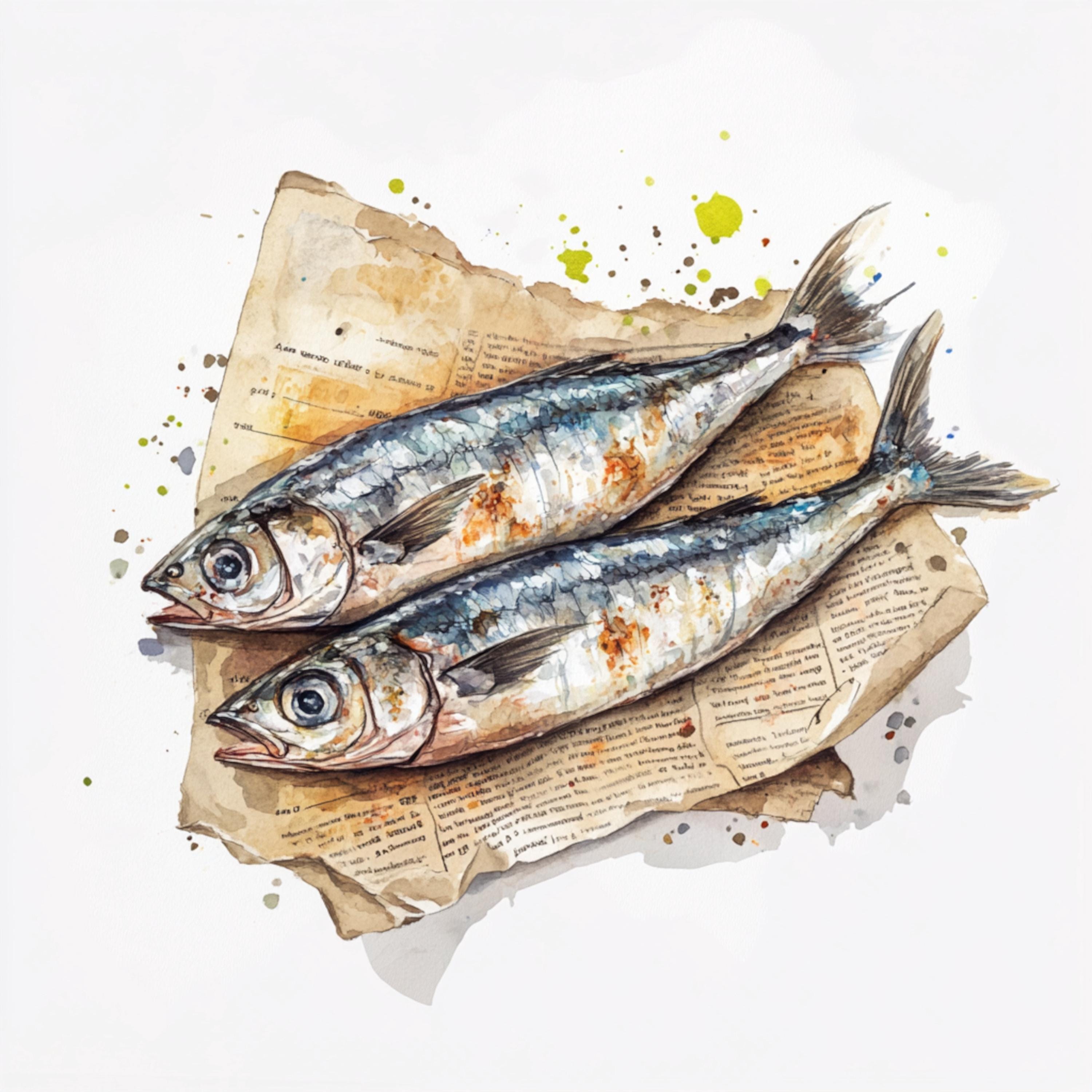 Printable Sardines Art, Watercolor Fish on Newspaper, Sea Food Decor ...
