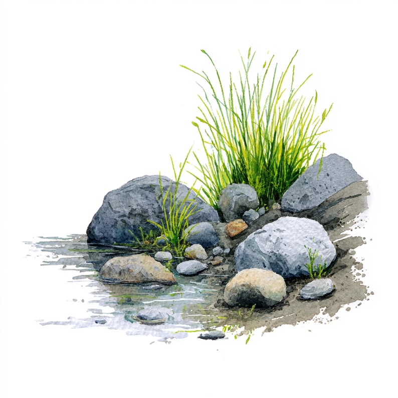 12 Printable River Stones, Watercolor River Bank, River Landscape ...
