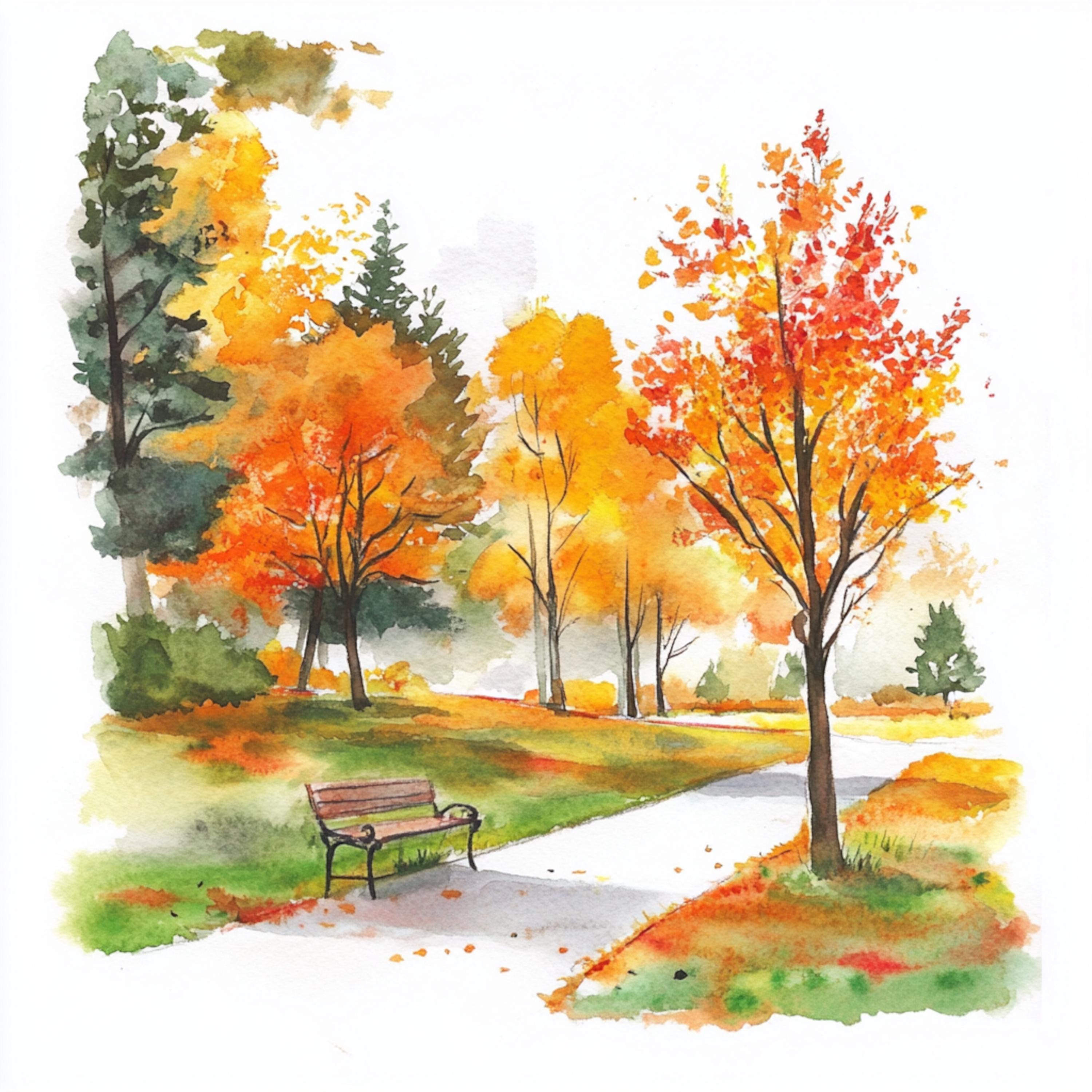 10 Printable Fall Park, Watercolor Autumn, City Park Art, Park Bench ...