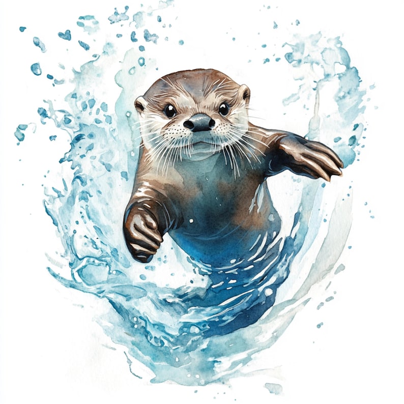 10 Printable Little Otter, Watercolor Swimming Otter, Cute Wild Animal ...
