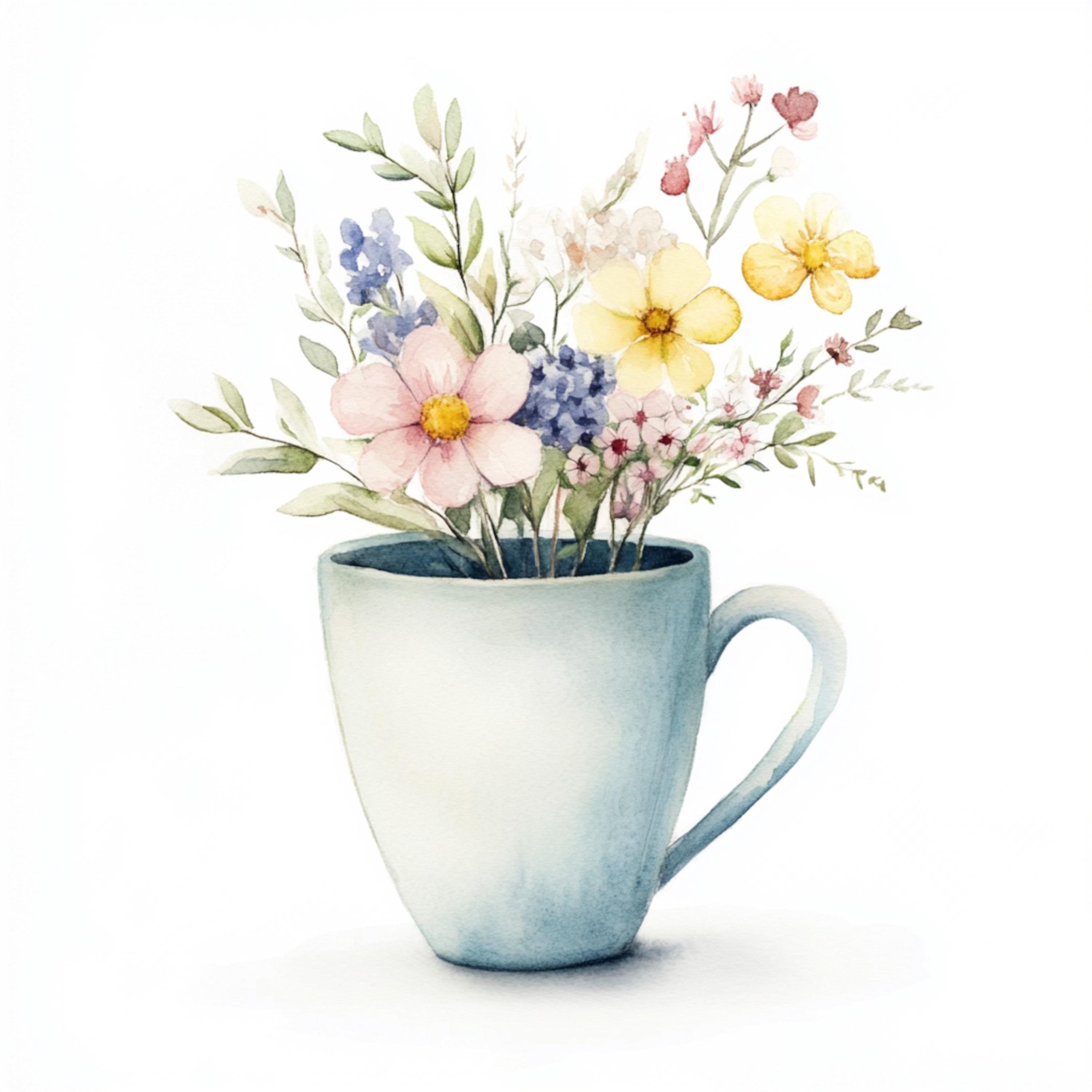 10 Printable Cup With Spring Flower, Watercolor Spring Bouquet, Spring ...