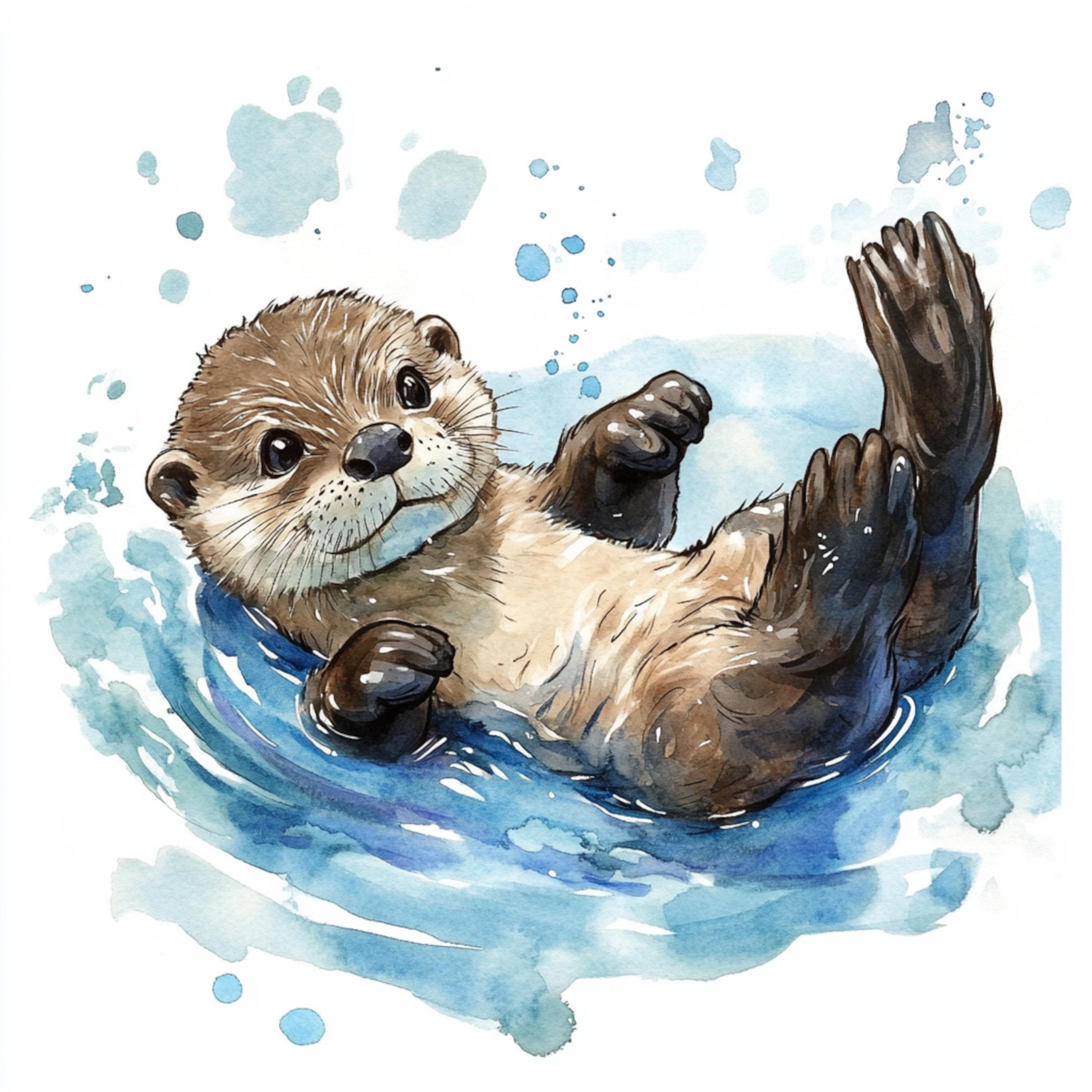 10 Printable Little Otter, Watercolor Swimming Otter, Cute Wild Animal ...