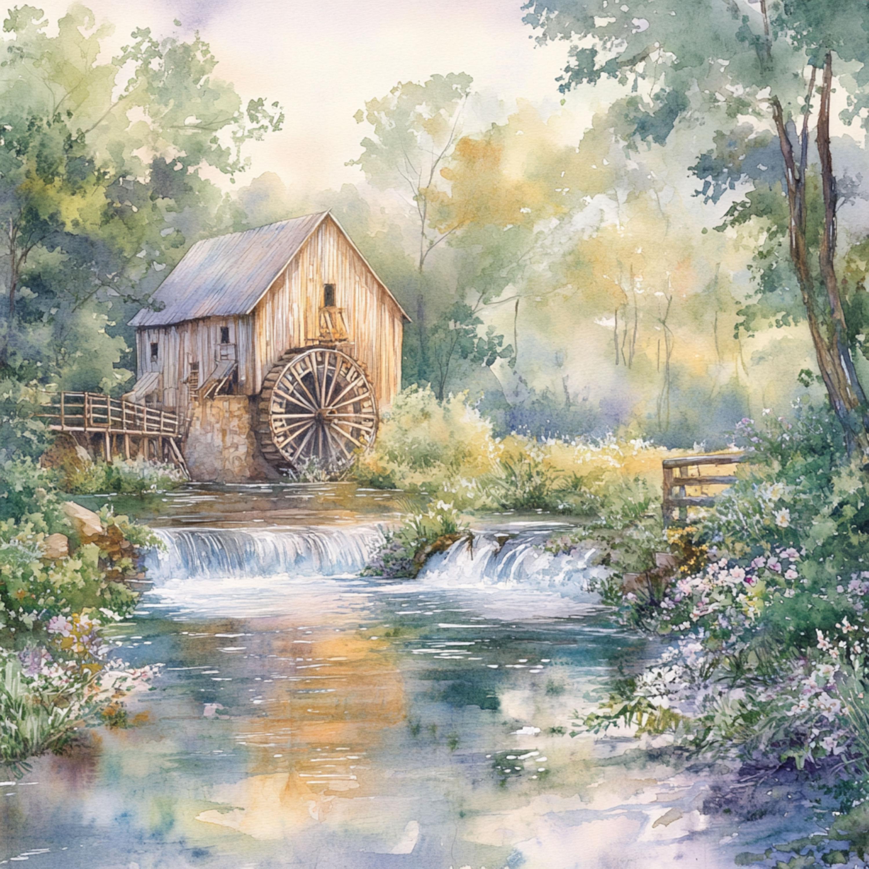 10 Printable Old Wooden Watermill, Watercolor Clipart, Watermill on ...